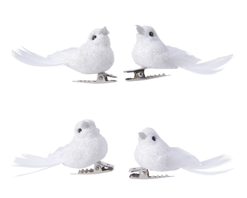 Decoratieve witte vogeltjes met clip 5 cm (4 stuks) - Decoma.nl